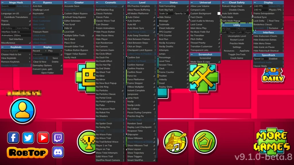 MEGA HACK v 9.1.0 beta 8 для Geometry Dash